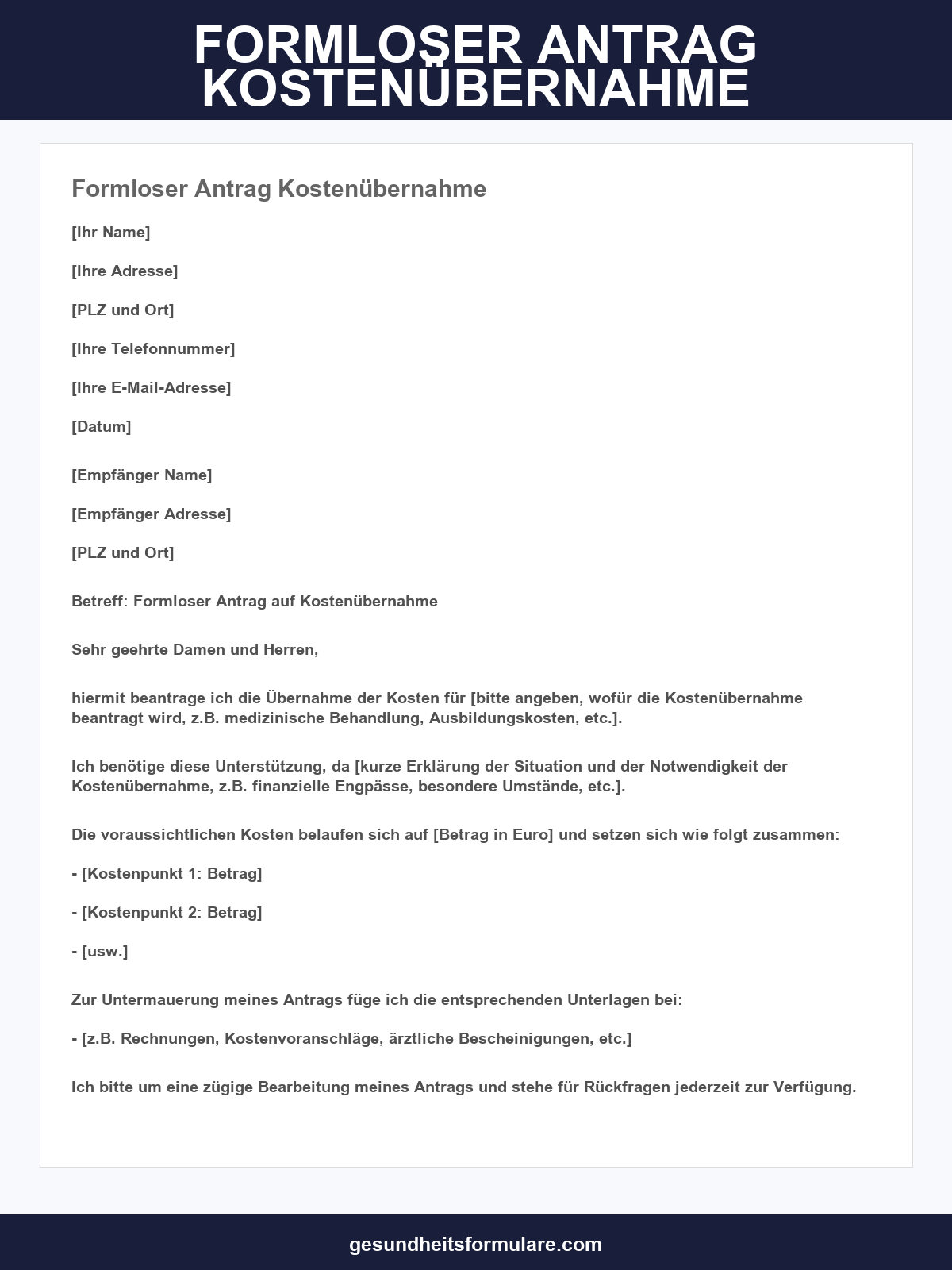Formloser Antrag Kostenübernahme Muster